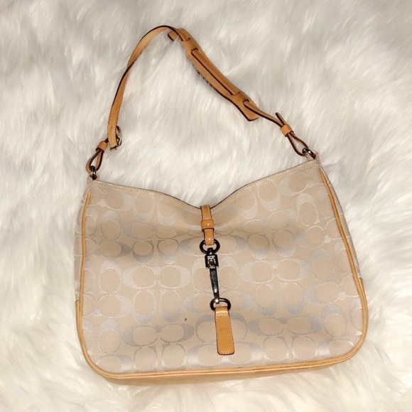 Coach | Bags | Coach Cream Monogram Canvas Leather Handbag | Poshmark